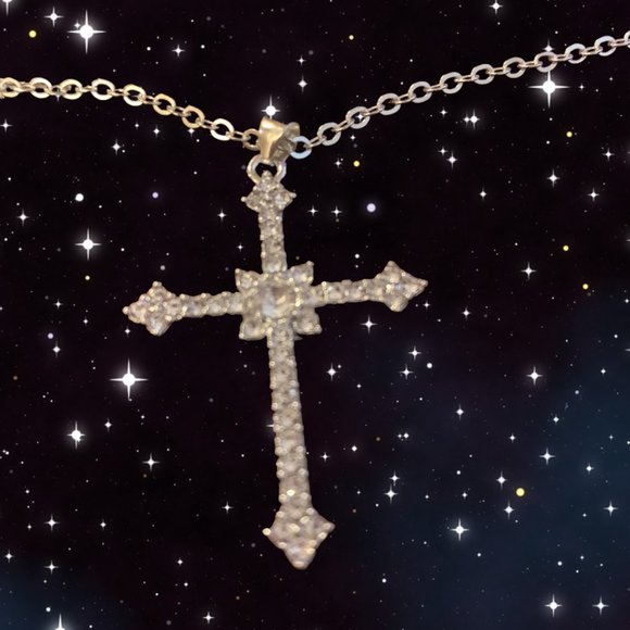 Jewelry | 18 Rhinestone Cross Necklace On A Silver Chain | Poshmark